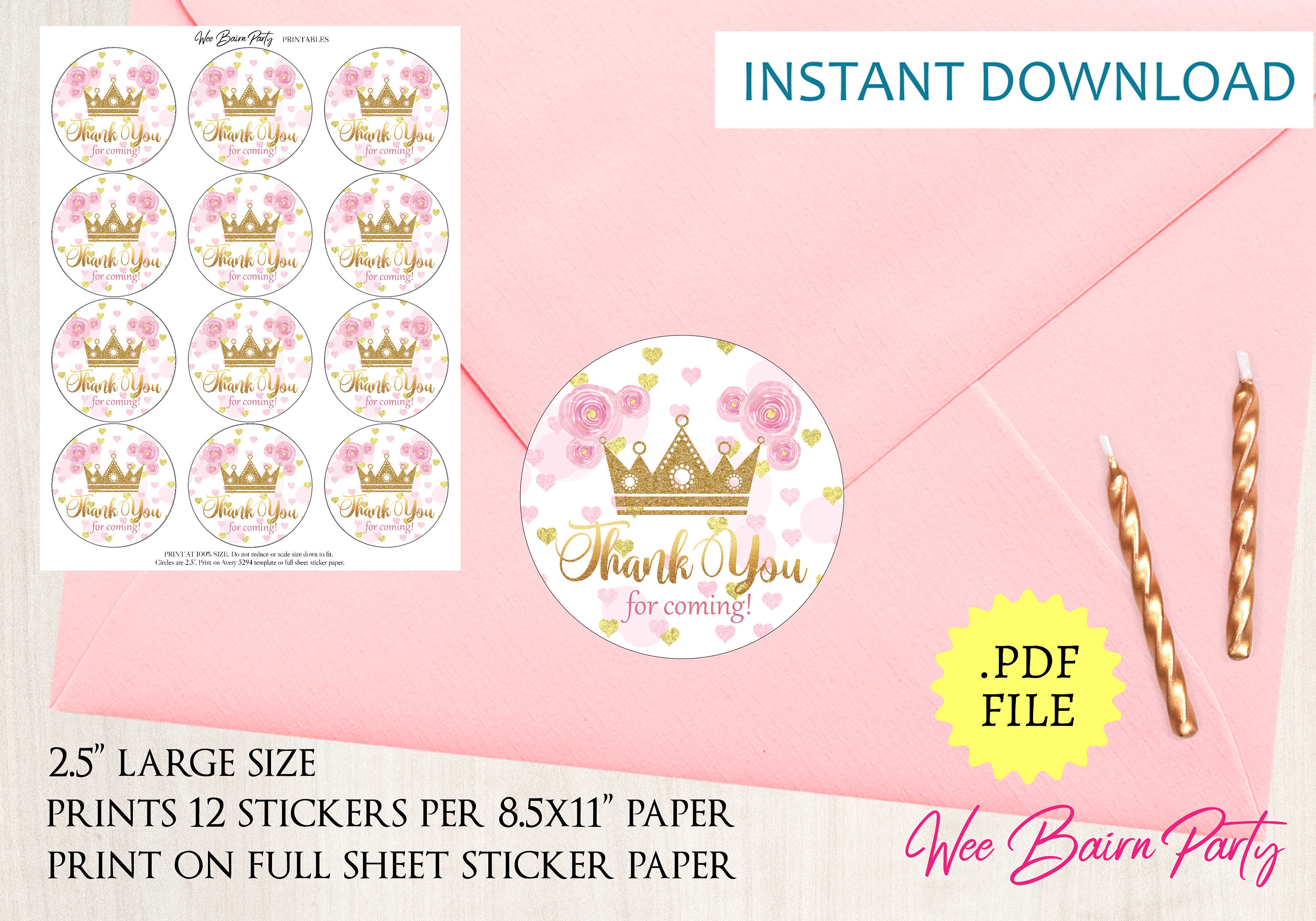 Pink Princess Printable Thank You Stickers For Favors | Etsy