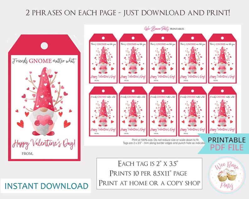 Valentine Gnome Gift Tags, Boy & Girl Gnome Valentine Bag Topper, Kids ...