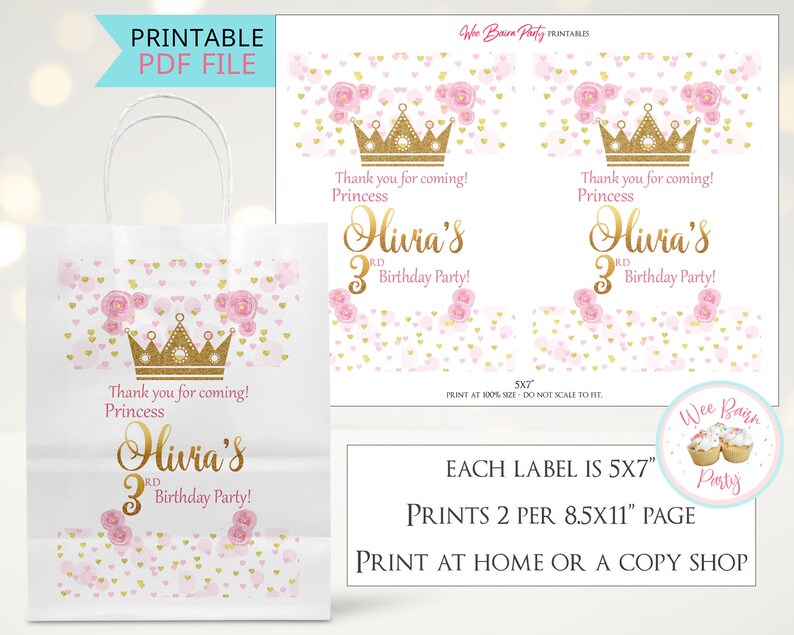 Pink Princess Birthday Party Favor Bags Printable Labels - Etsy