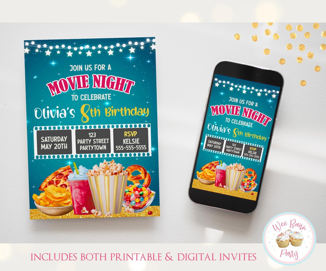 Girl Movie Night Birthday Invitation, Movie Party Printable or Digital ...