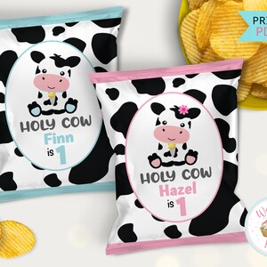 Holy Cow Im One Custom Chip Bags, One Year Old Cow Birthday Party Chip ...