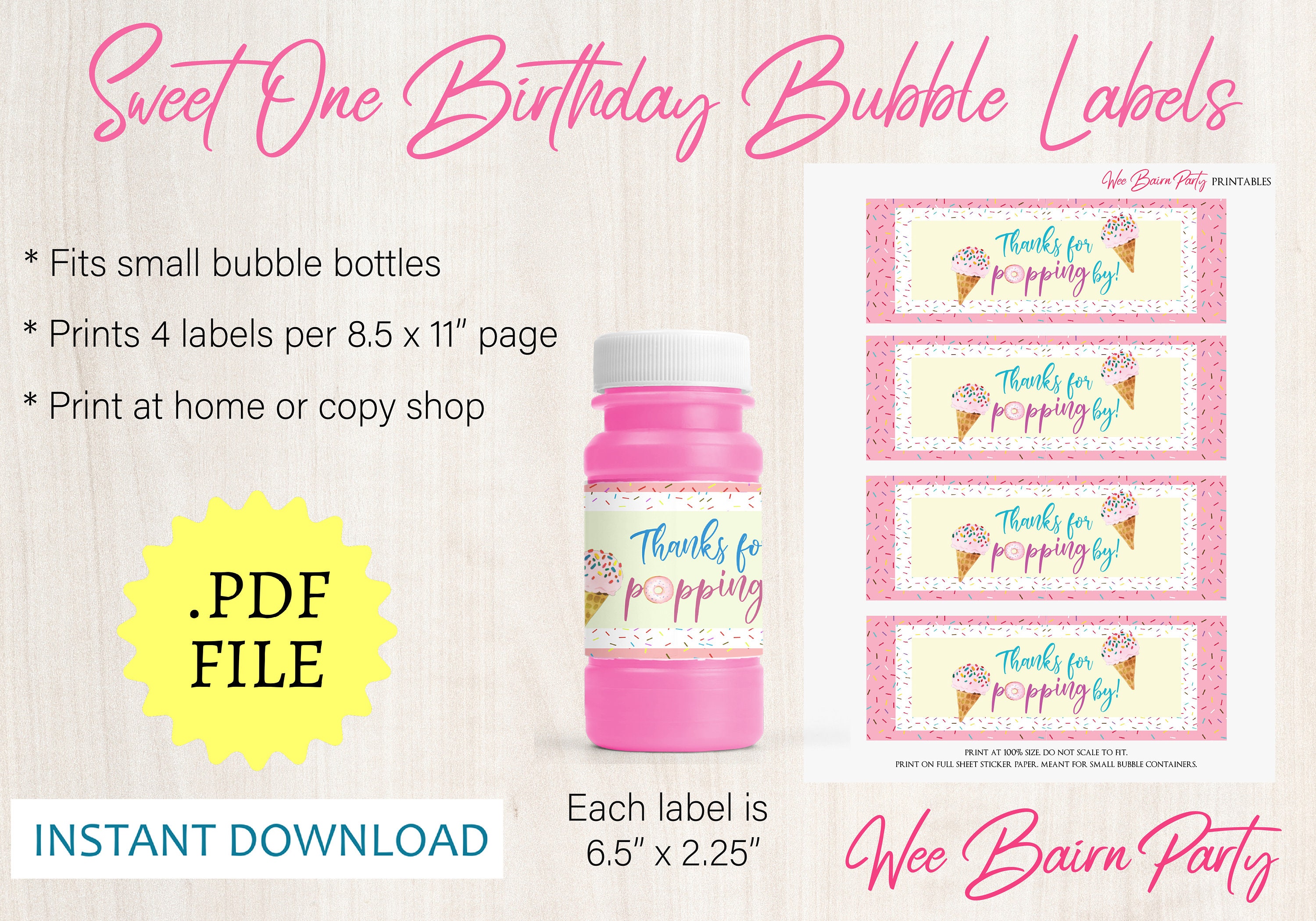 Sweet One Birthday Party Bubble Labels Donut Ice Cream | Etsy