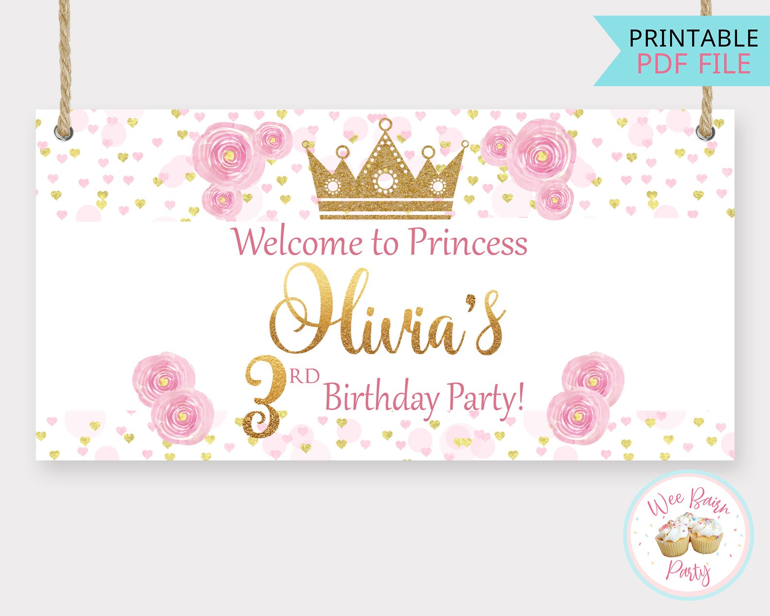 Pink Princess Birthday Banner Custom Name Sign Printable - Etsy