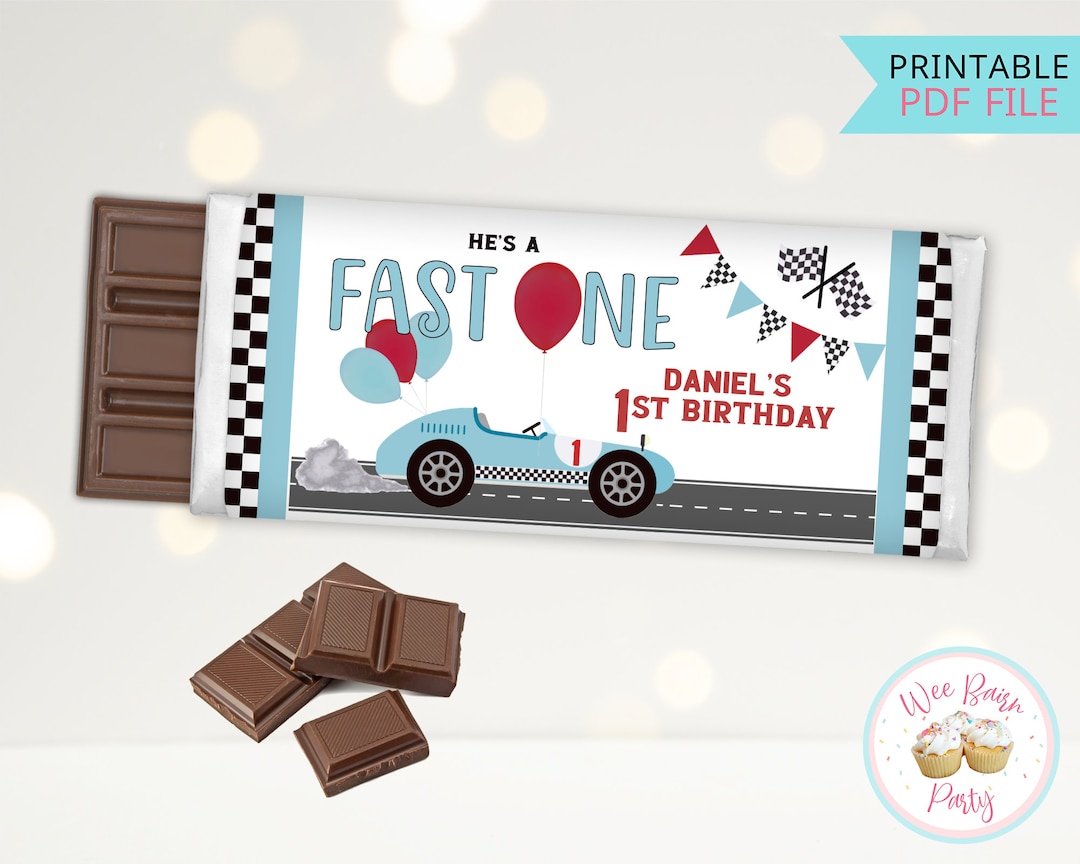 Fast One Birthday Candy Bar Wrappers, Race Car Birthday Custom ...