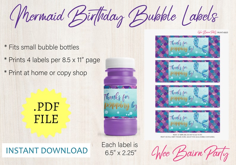 Mermaid Tail Party Bubble Labels Printable Mermaid Birthday | Etsy
