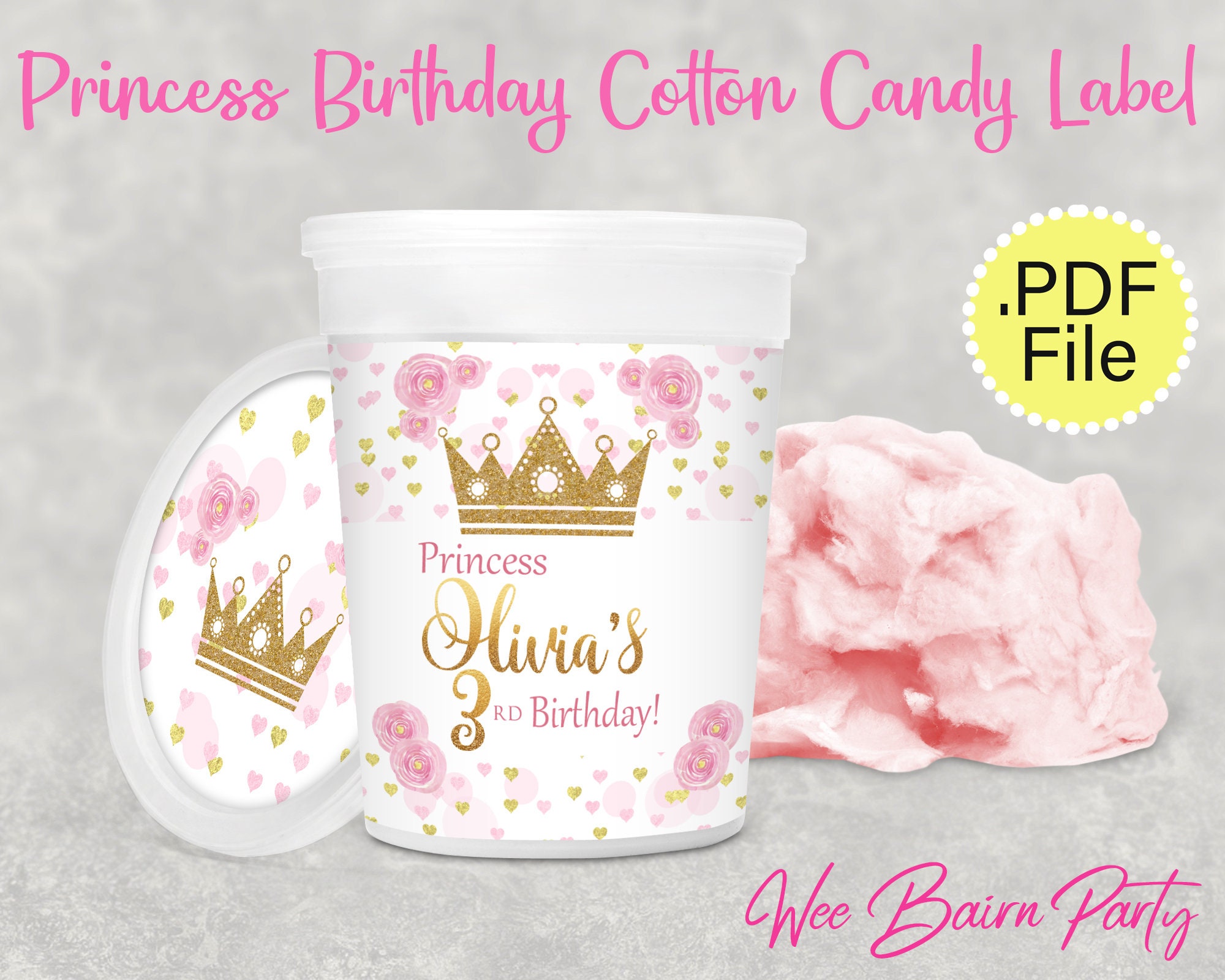 Princess Birthday Cotton Candy Printable Label Pink Princess | Etsy