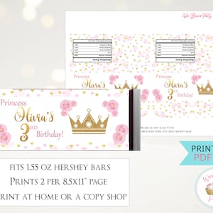 Pink Princess Birthday Party Candy Bar Wrappers, Princess Crown ...