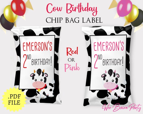 Cow Birthday Custom Chip Bags Labels Farm Animal Barnyard - Etsy