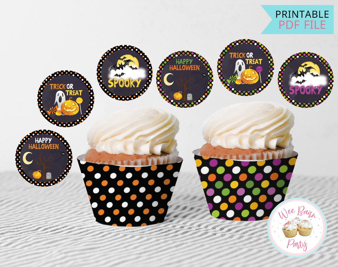 Halloween Cupcake Toppers & Wrappers Set, Kids Cute Halloween Decor ...