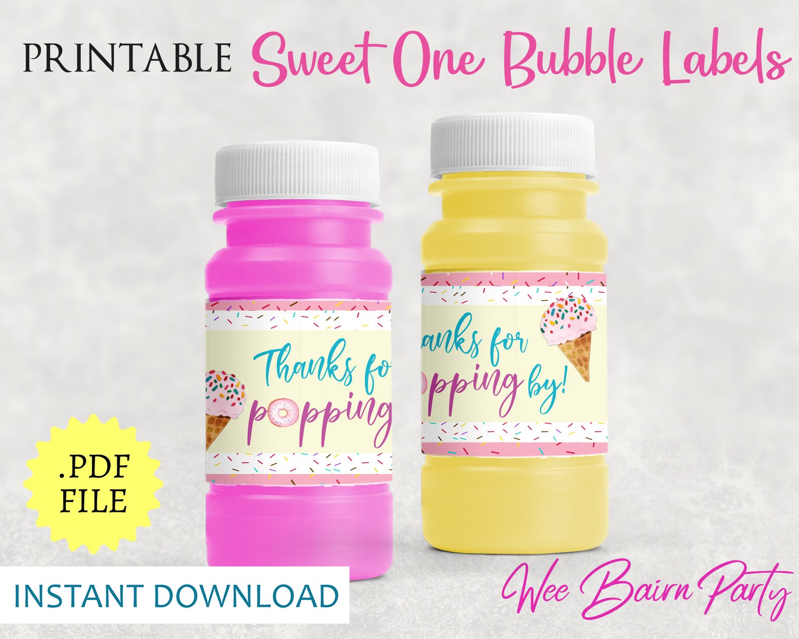 Sweet One Birthday Party Bubble Labels Donut Ice Cream | Etsy