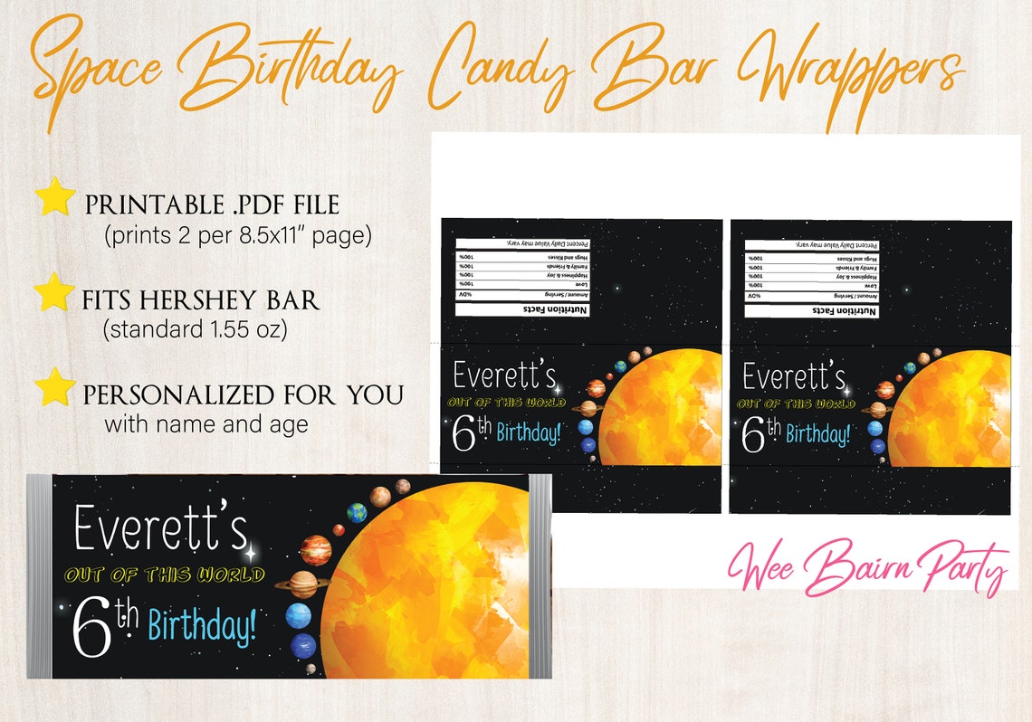 Space Birthday Party Candy Bar Wrappers Solar System Planets | Etsy