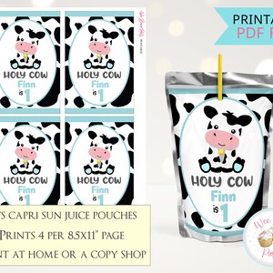 Holy Cow Im One Juice Pouch Labels, One Year Old Cow Birthday Party ...