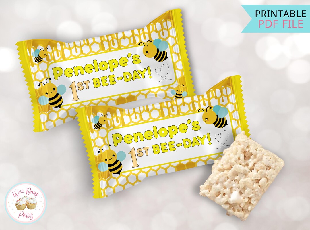 First Bee Day Rice Crispy Treats Labels, Bumble Bee Theme 1st Birthday ...