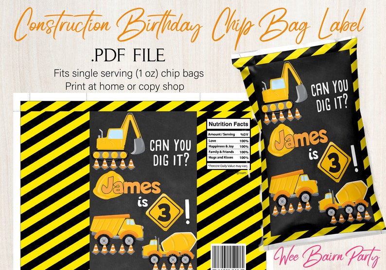 Construction Birthday Party Custom Chip Bags Printable | Etsy