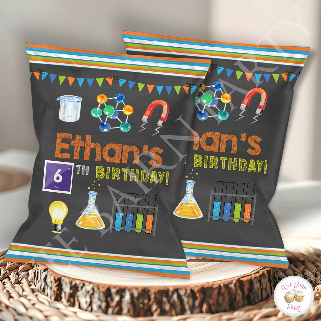 Science Party Favors Custom Chip Bags, Chemistry Birthday Printable ...