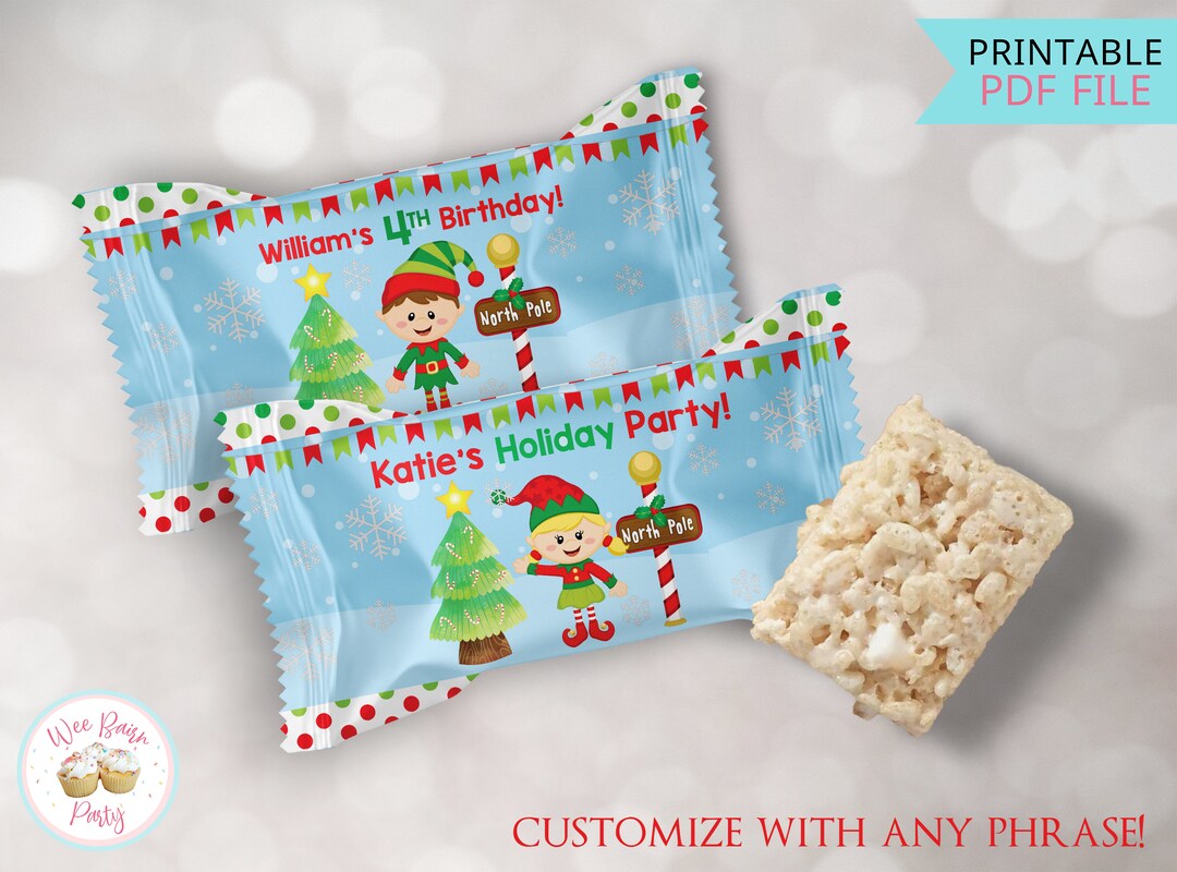 Christmas Elf Rice Krispy Treats Custom Labels, Kids Christmas Birthday ...