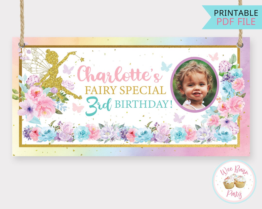 Woodland Fairy Party Birthday Banner, Flower Fairy Party Custom Photo ...
