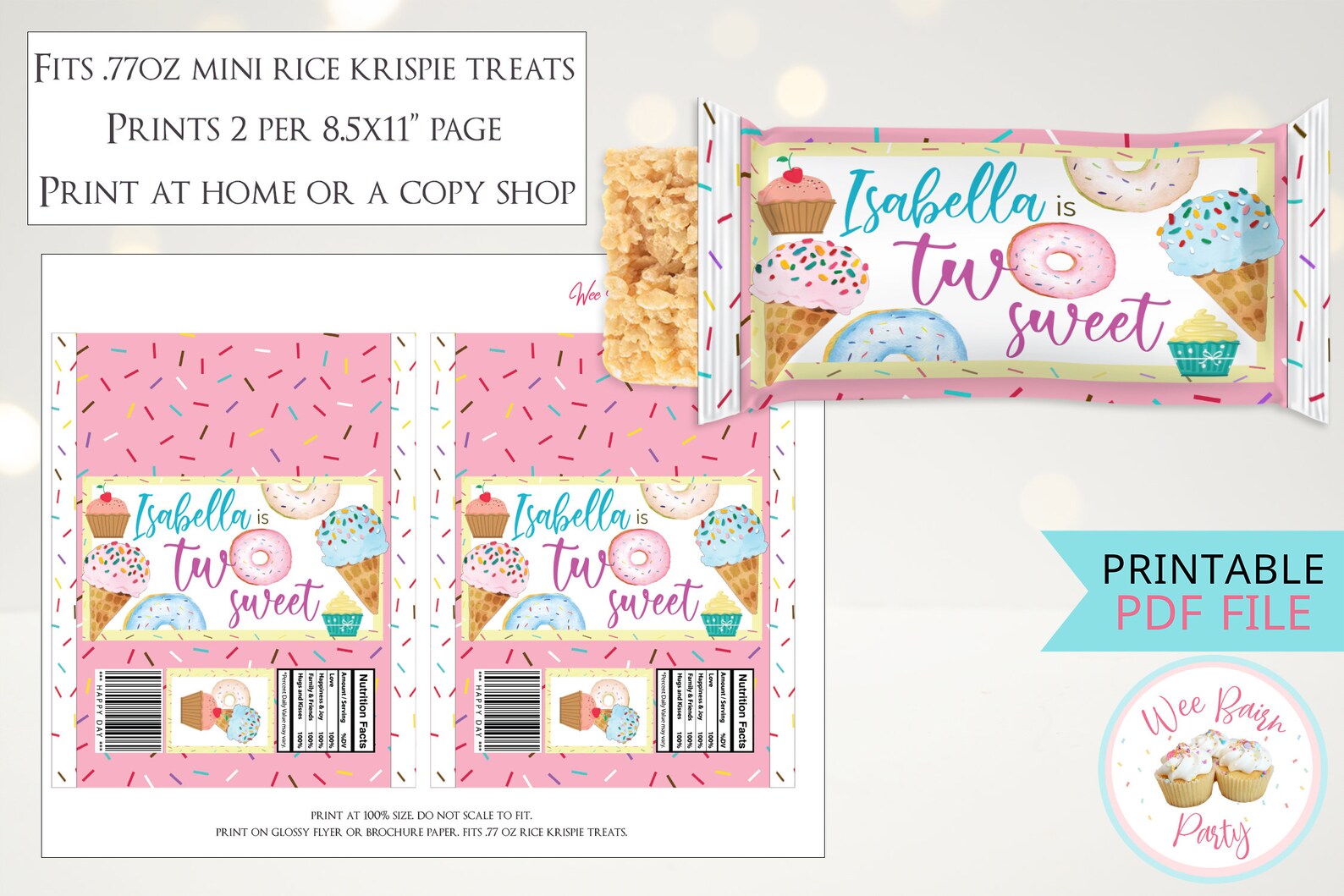 Two Sweet Birthday Rice Krispie Treats Custom Labels 2 Year - Etsy