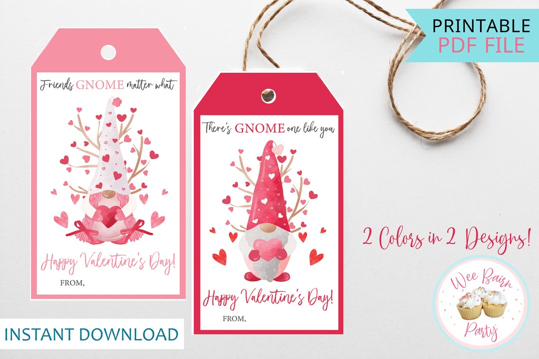 Valentine Gnome Gift Tags, Boy & Girl Gnome Valentine Bag Topper, Kids ...