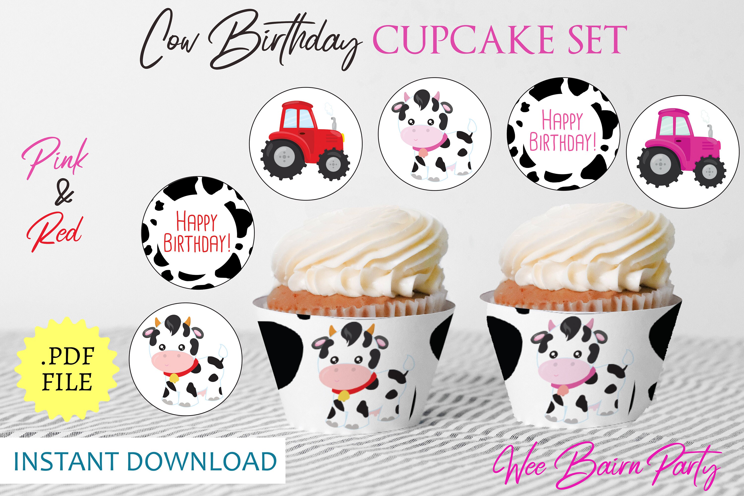 Cow Birthday Cupcake Toppers Printable Farm Animal Party Cup | Etsy
