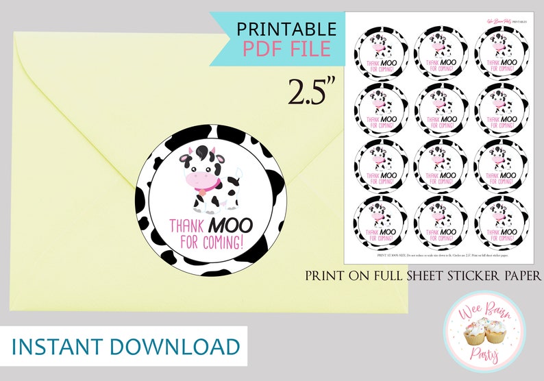 Cow Birthday Party Printable Thank You Stickers Cow Print - Etsy