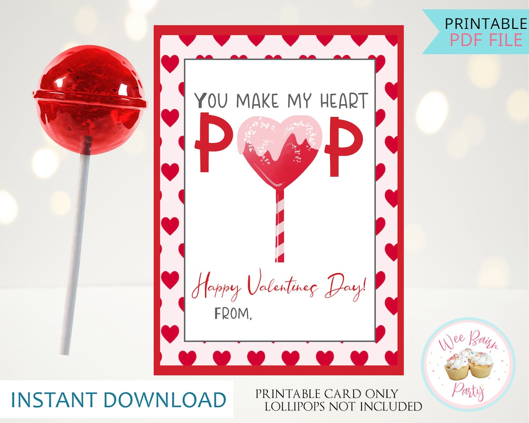 Lollipop Holder Valentines Day Card, Printable Classroom Valentines ...