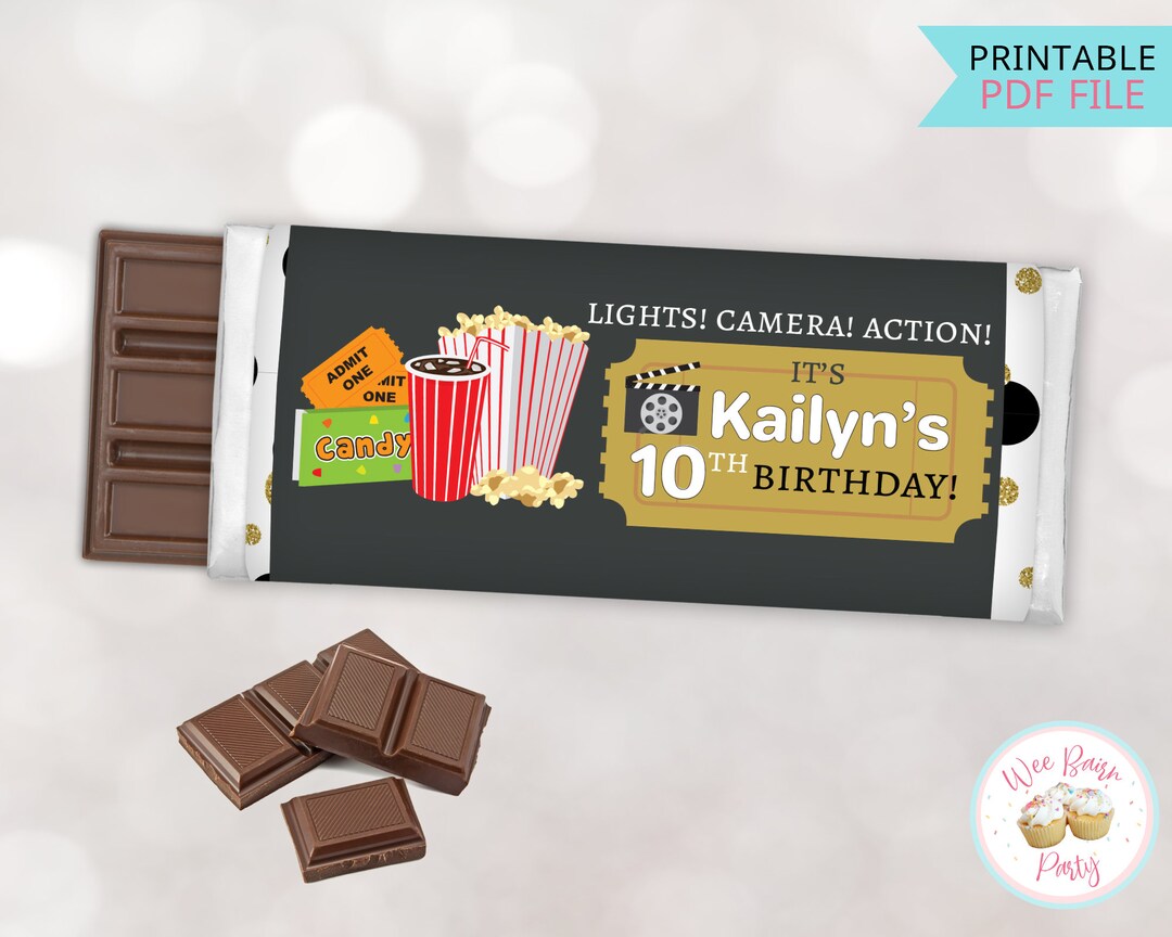 Movie Birthday Party Candy Bar Wrappers, Movie Theme Party Ticket ...
