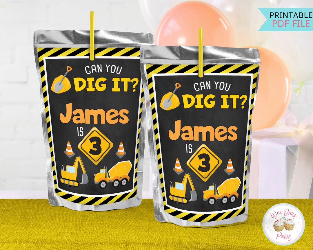 Construction Birthday Party Drink Pouches Labels, Construction Theme ...