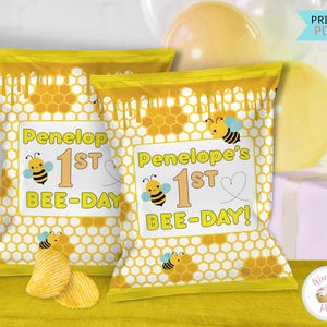 Bee Birthday Party Custom Chip Bags, Bumble Bee 1st Birthday Printable ...