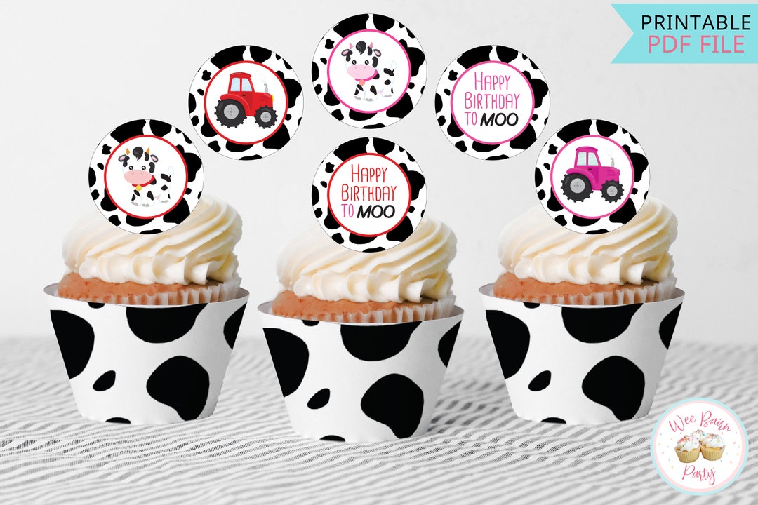 Cow Birthday Cupcake Toppers, Printable Farm Animal Party Cup Cake ...