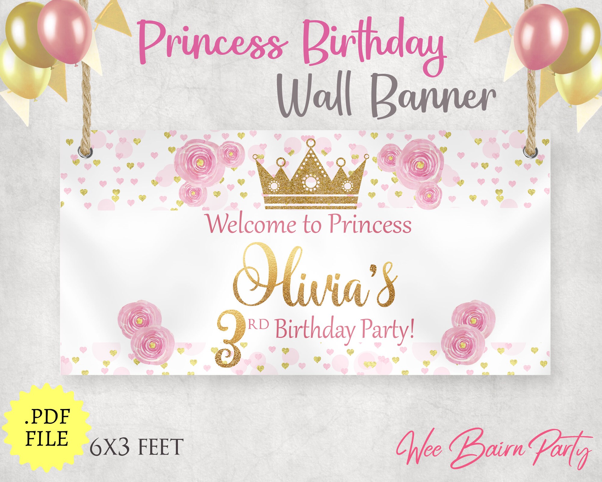 Pink Princess Birthday Banner Custom Name Sign Printable | Etsy