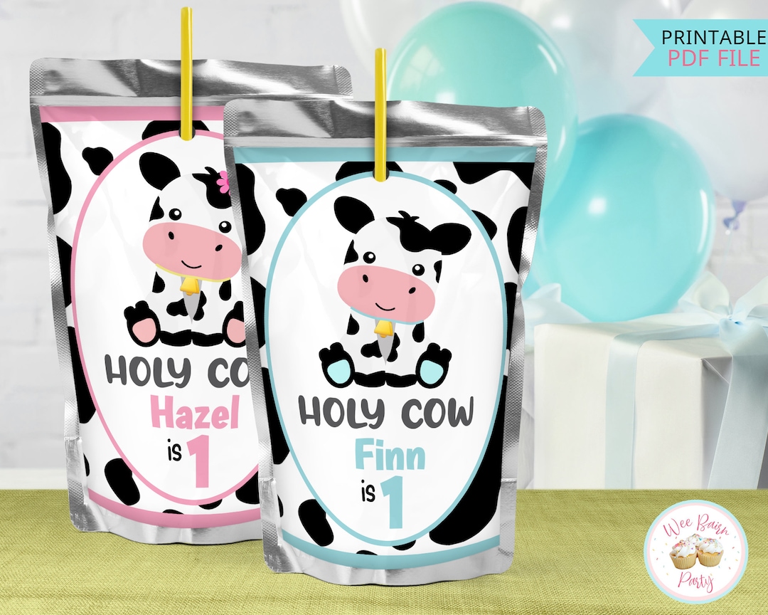 Holy Cow Im One Juice Pouch Labels, One Year Old Cow Birthday Party ...