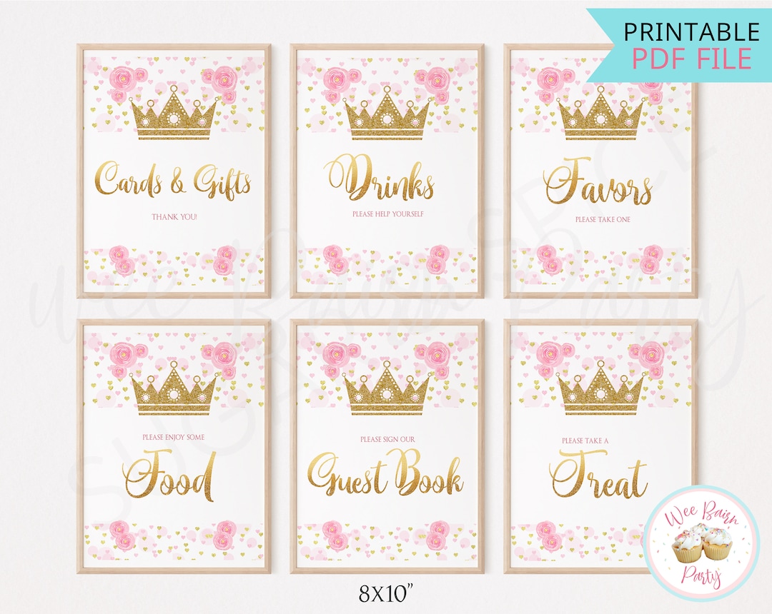 Pink Princess Birthday Signs, Princess Party Drinks Guest Book Party ...