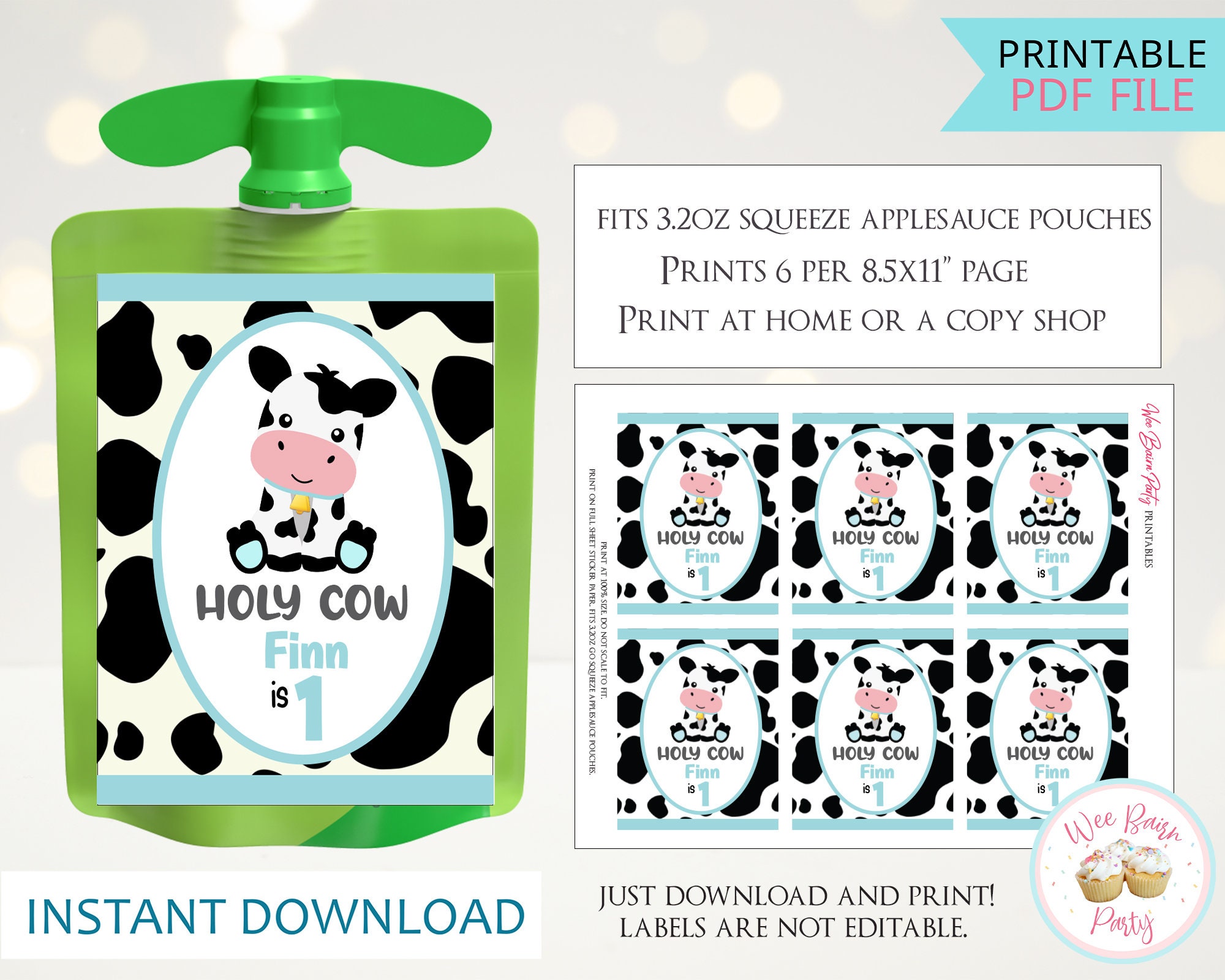 Holy Cow Im One Applesauce Pouch Labels, One Year Old Cow Birthday ...