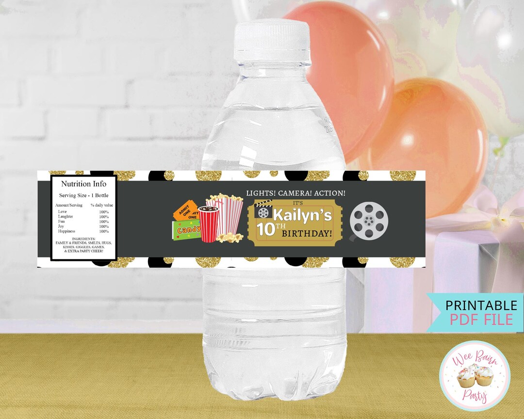 Movie Birthday Party Water Bottle Labels, Custom Movie Theme Party ...