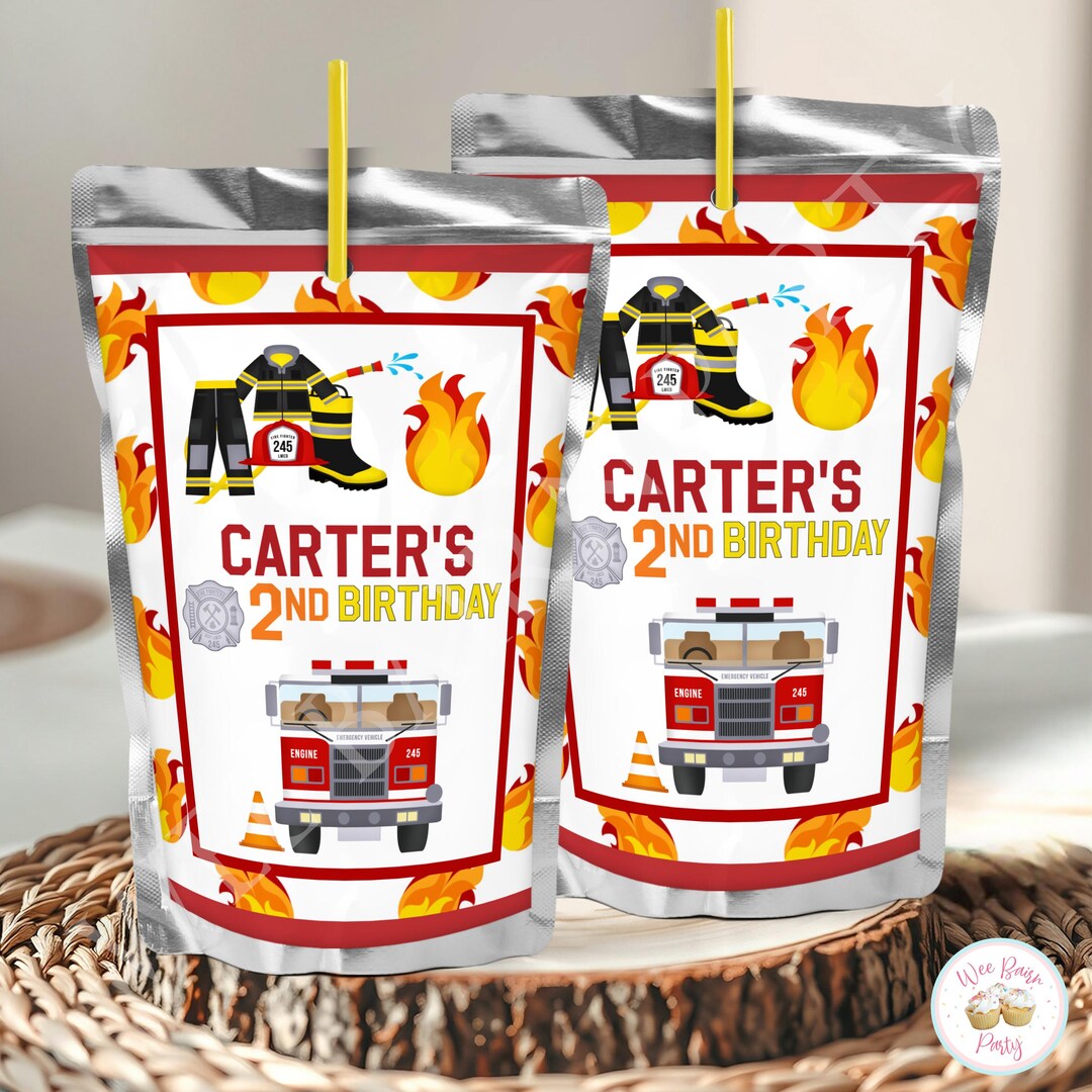 Firefighter Birthday Juice Pouch Label, Firetruck Birthday Printable ...