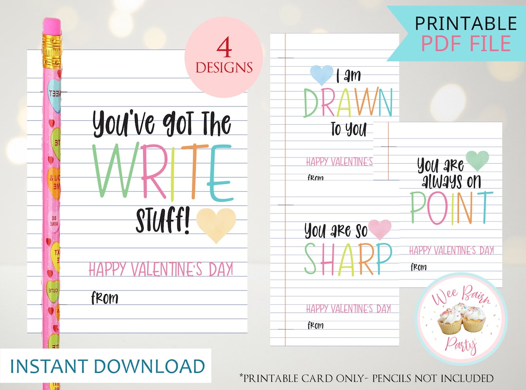 Pencil Valentines Day Cards, Kids Classroom Valentine Pencil Tag Favors ...