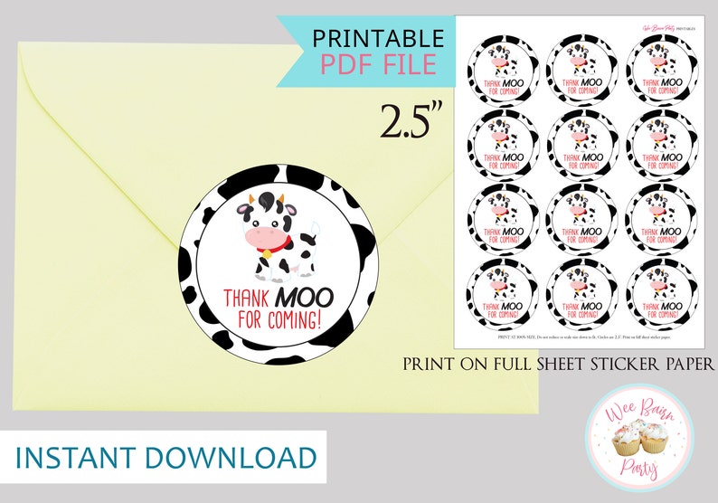 Cow Birthday Party Printable Thank You Stickers Cow Print - Etsy