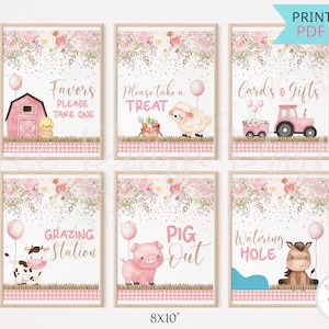 Pink Barnyard Birthday Sign Set of 6, Pink Farm Party Table Signs ...
