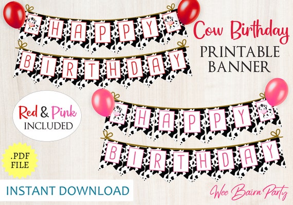 Cow Print Happy Birthday Banner Printable Cow Birthday Decor | Etsy