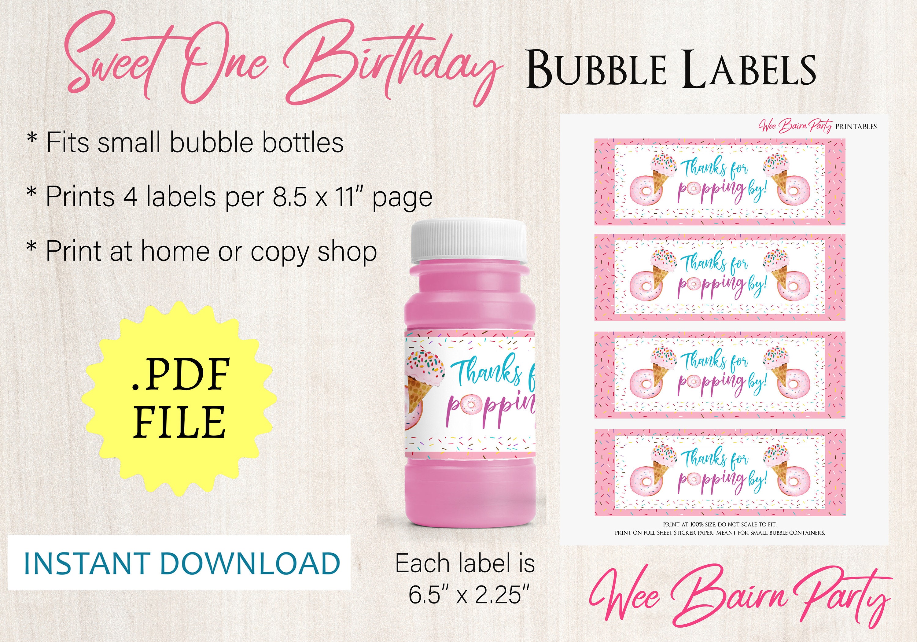Sweet One Birthday Party Bubble Labels Donut Ice Cream | Etsy