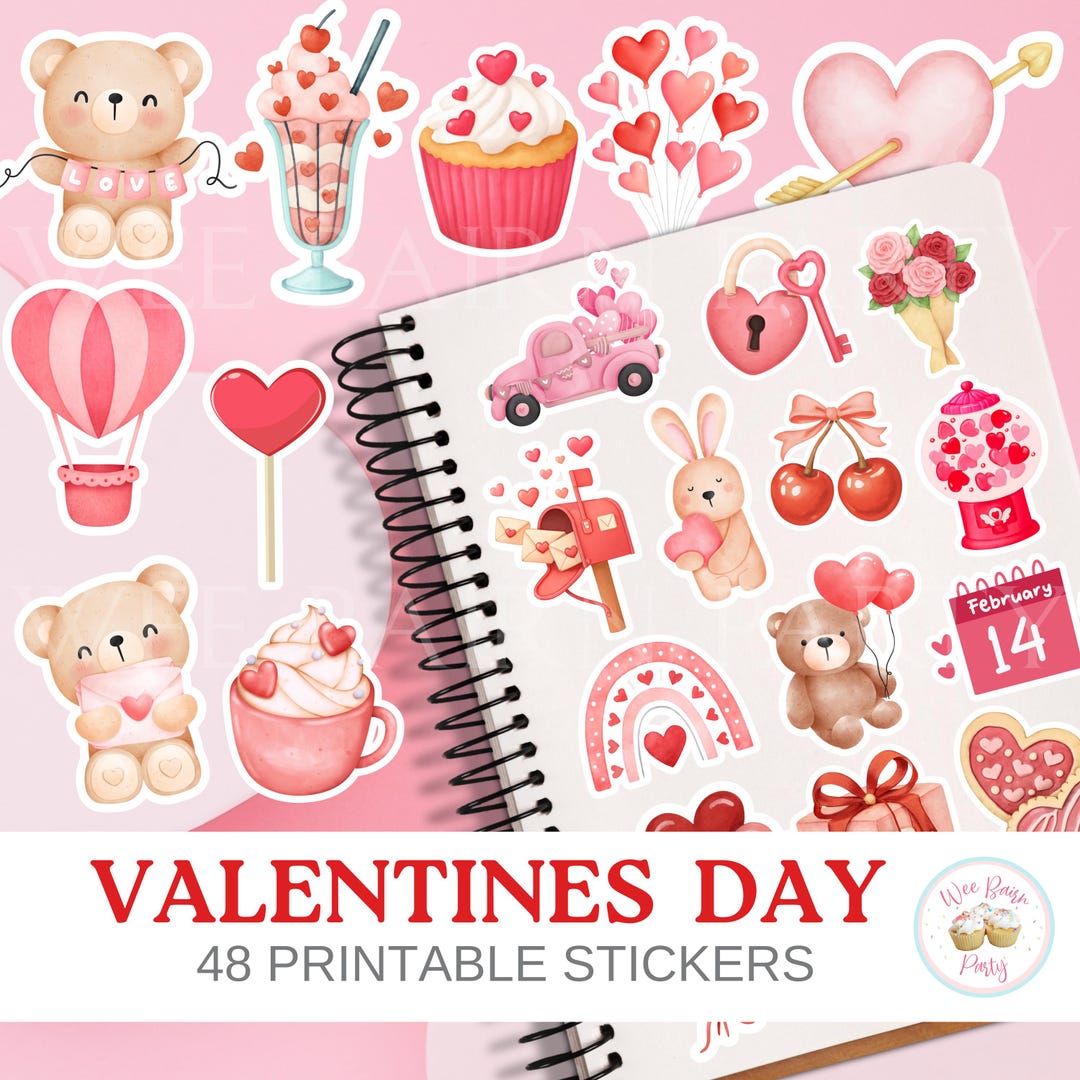 Valentines Day Printable Stickers, Cute Girly Digital Planner Journal ...