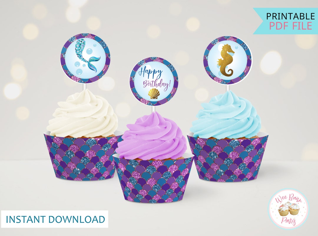 Mermaid Tail Birthday Cupcake Wrappers & Cupcake Toppers, Mermaid Party ...