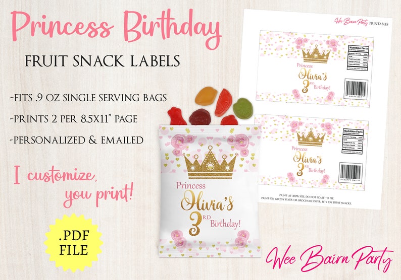 Princess Birthday Fruit Snacks Party Favor Bags Gummy Candy Etsy