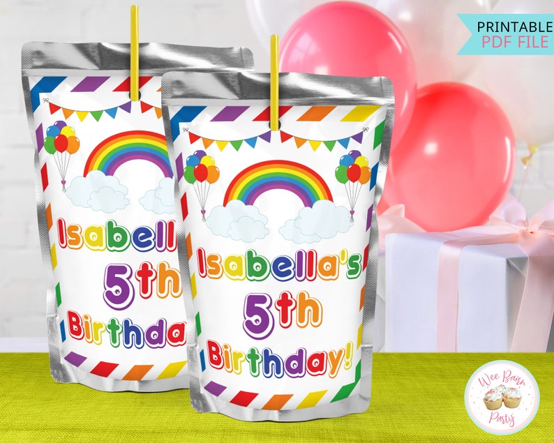 Rainbow Balloons Birthday Drink Pouches Juice Labels, Rainbow Birthday ...