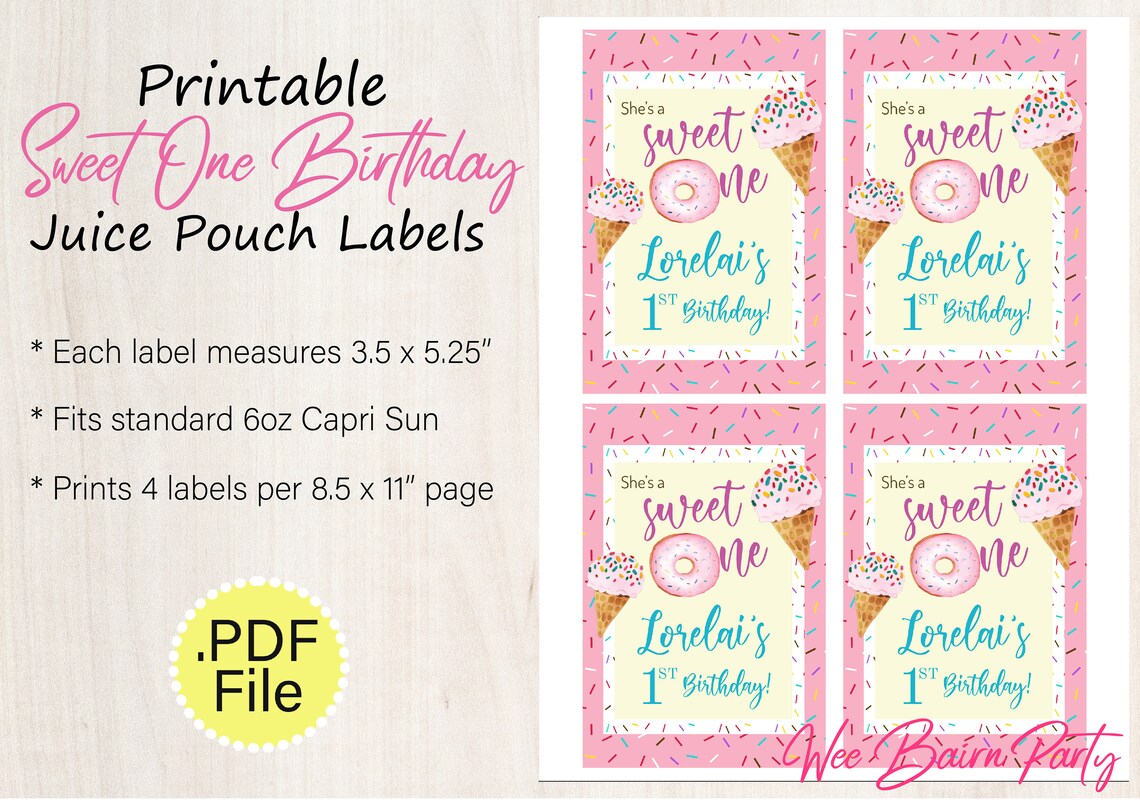 Shes A Sweet One Birthday Party Drink Pouches Labels Donut | Etsy