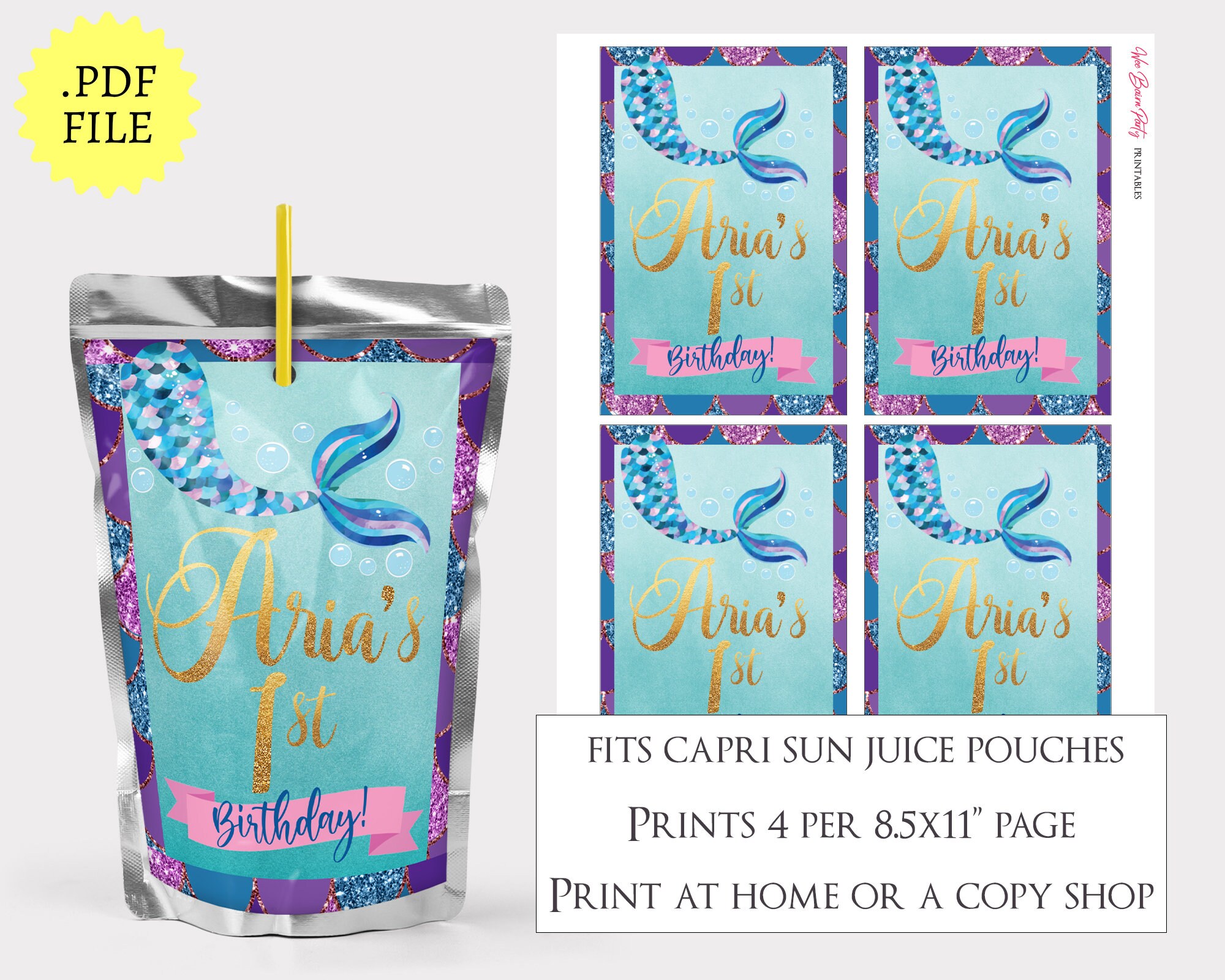 Mermaid Tail Juice Drink Pouch Labels Mermaid Birthday Party | Etsy