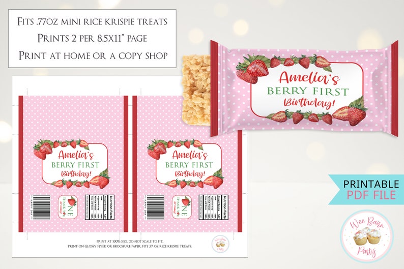 Berry First Birthday Rice Krispy Treats Labels, Strawberry Printable ...
