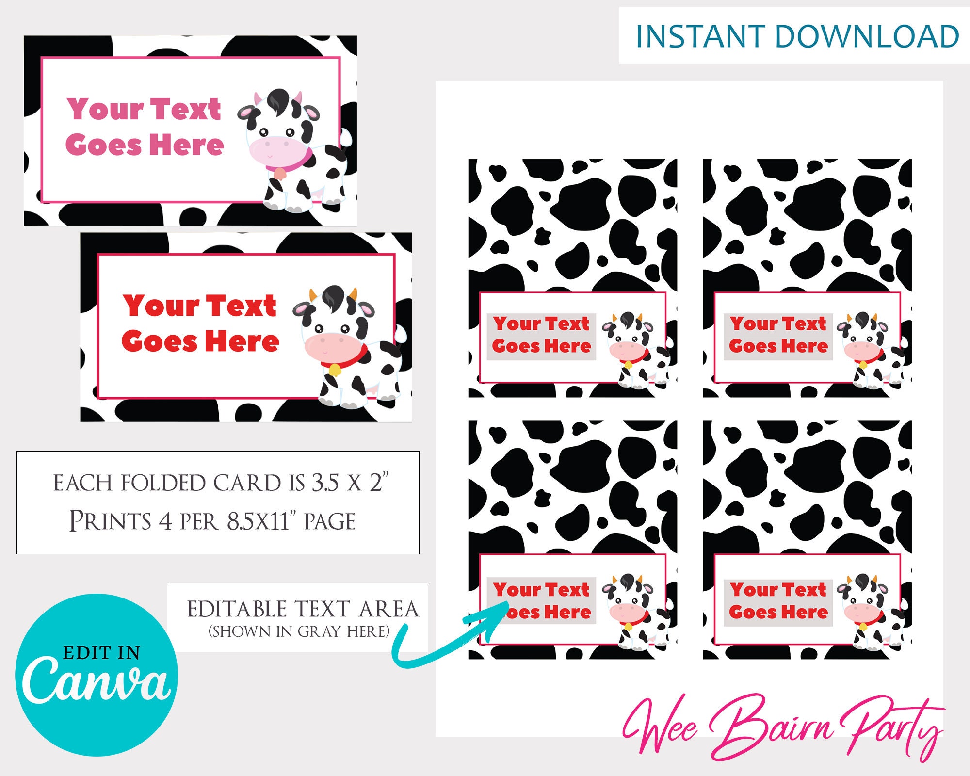 Cow Print Birthday Editable Place Card Template Farm Birthday - Etsy