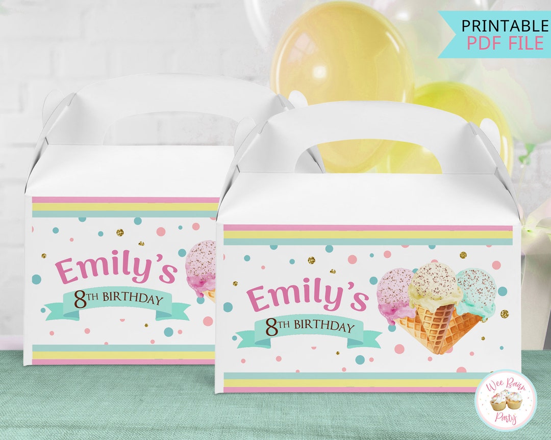 Pastel Ice Cream Birthday Gable Box Label, Ice Cream Party Favor Box ...
